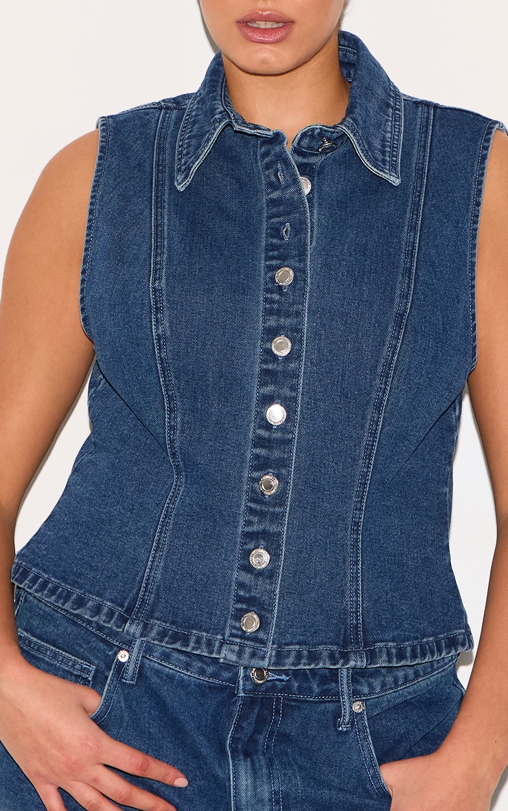 Plus Dark Blue Denim Collar Waistcoat | Plus Size | PLT