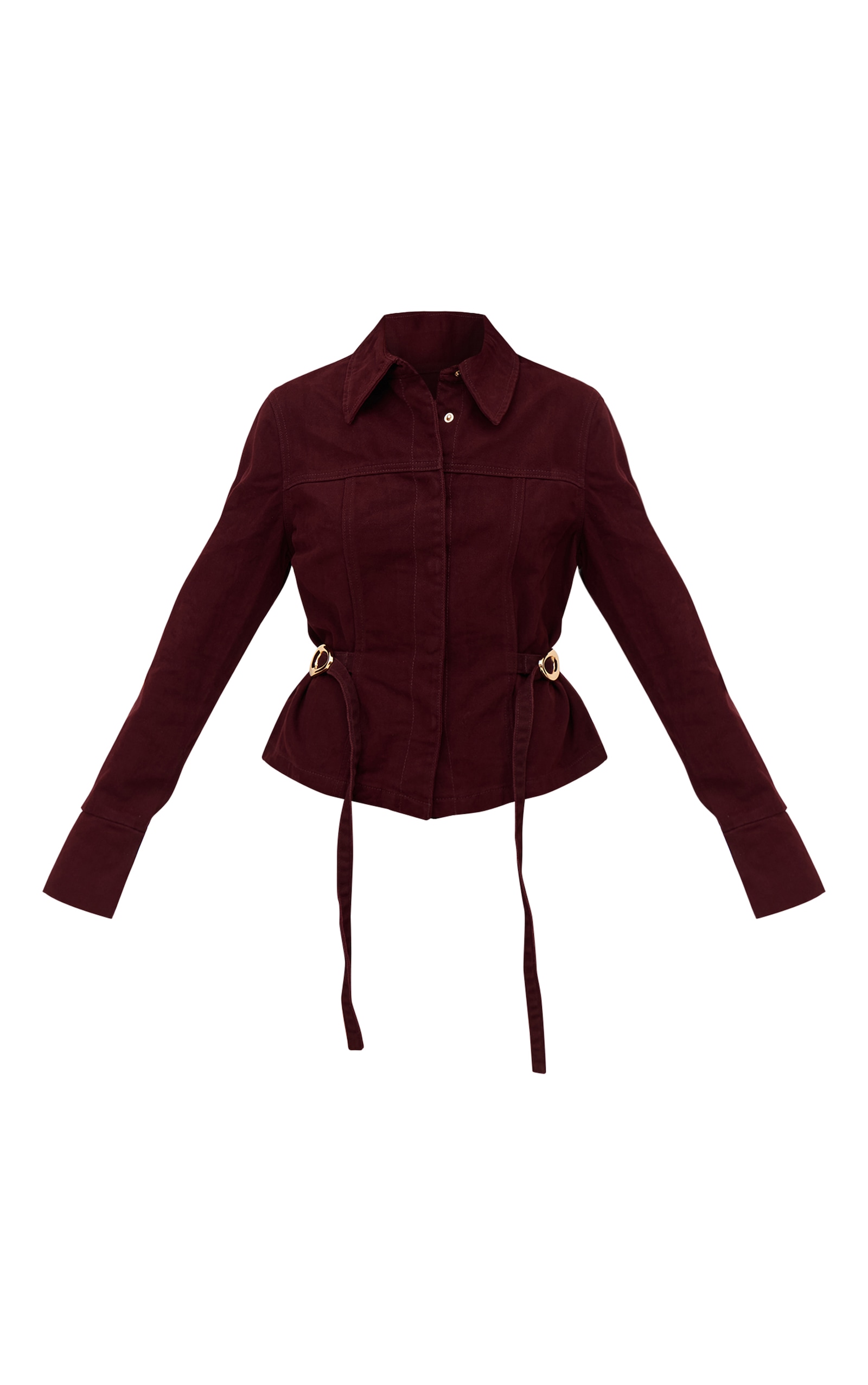 Burgundy Concealed Placket Crop Belted Denim Jacket | Denim | PLT USA
