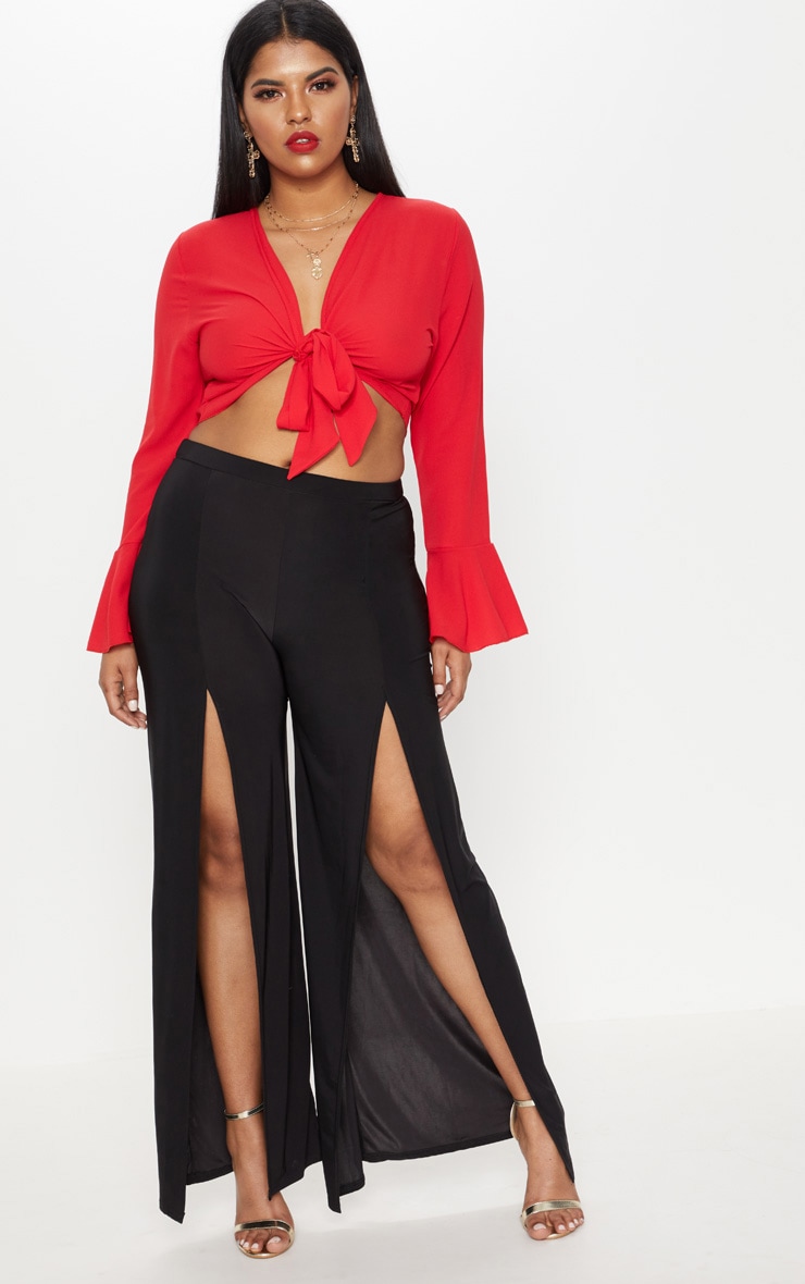 Plus Black Slinky Split Front Wide Leg Trousers | PLT