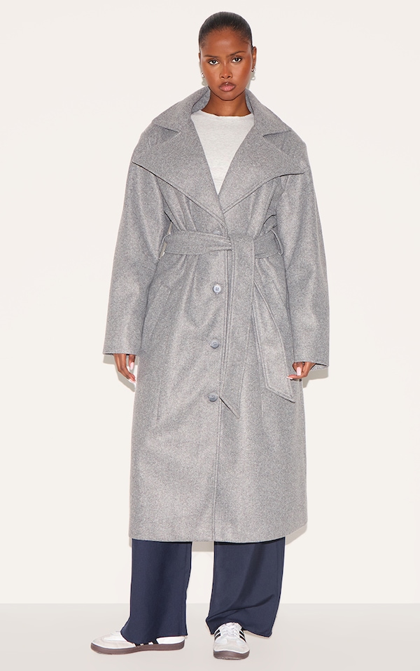Grey Oversized Wool Look Trench Coat | Outerwear | PLT