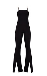 Black Ribbed Strappy Flared Split Leg Jumpsuit | Dresses | PLT