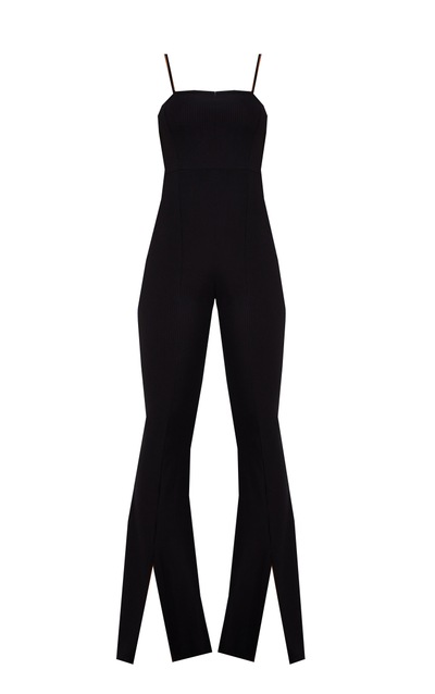 Black Ribbed Strappy Flared Split Leg Jumpsuit | Dresses | PLT