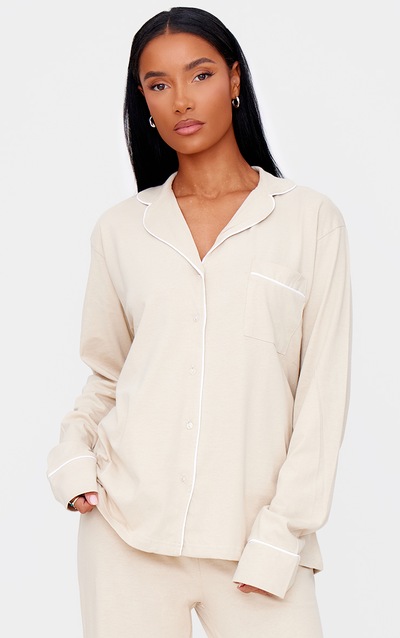 Sand Jersey Piping Detail Long PJ Set | Lingerie & Nightwear ...
