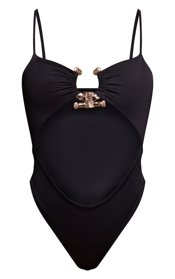 Black Cut Out Gold Hammered Trim Swimsuit | Swimwear ...