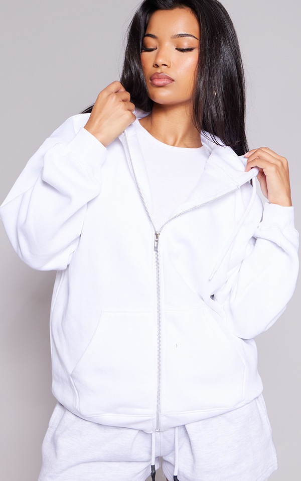 White Oversized Zip Up Plain Front Hoodie | Athleisure | PLT AUS