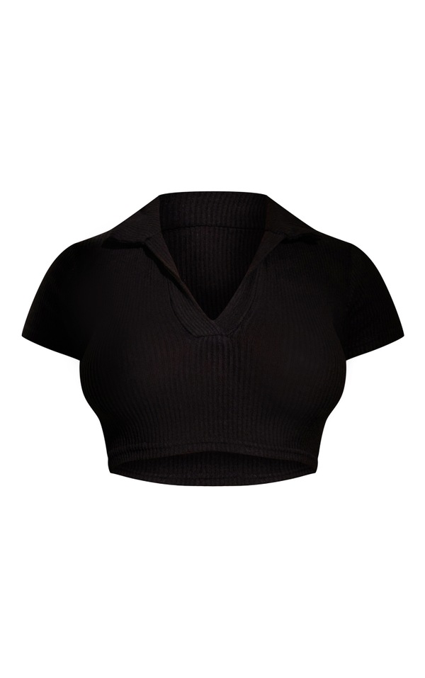 Shape Black Rib Short Sleeve Collar Crop Top | Shape | PLT