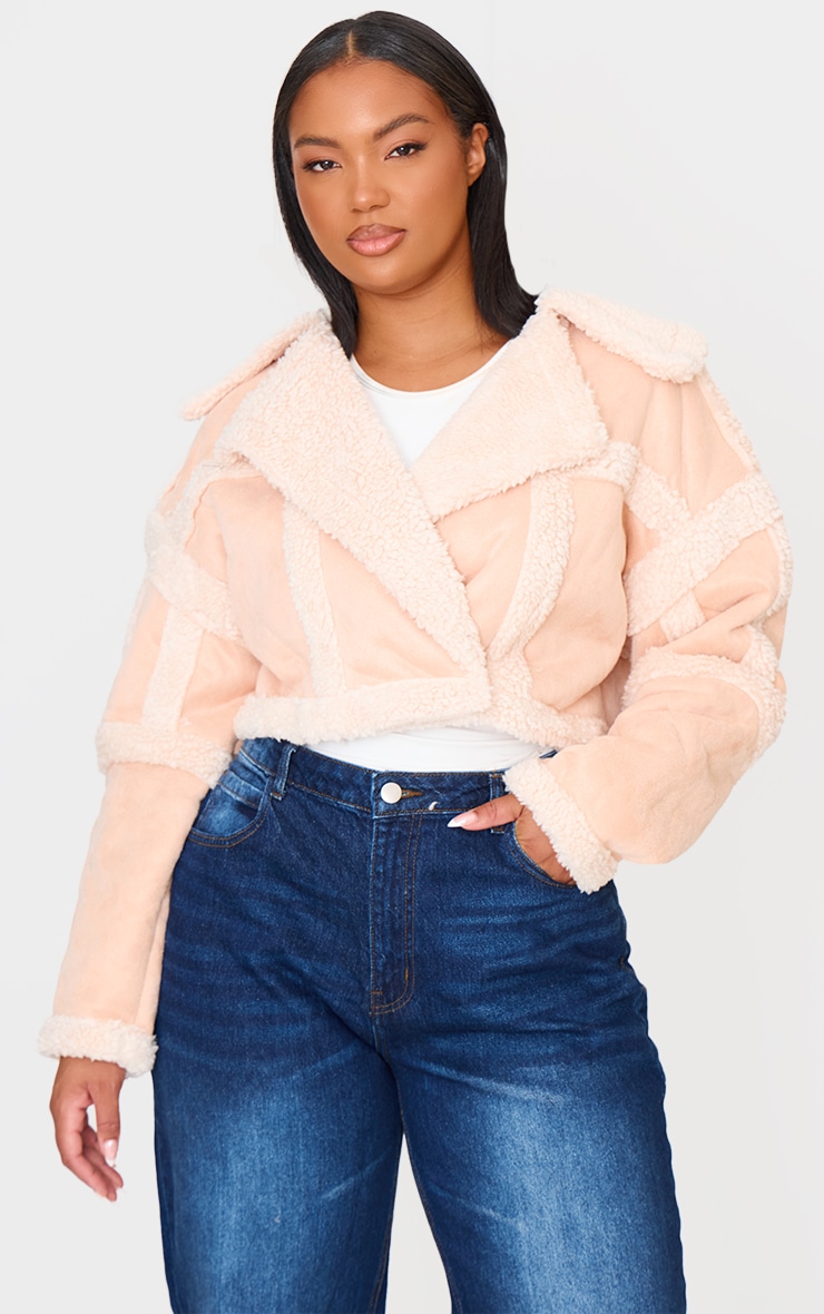 Plus Cream Shearling Trim Crop Aviator | Plus Size | PrettyLittleThing