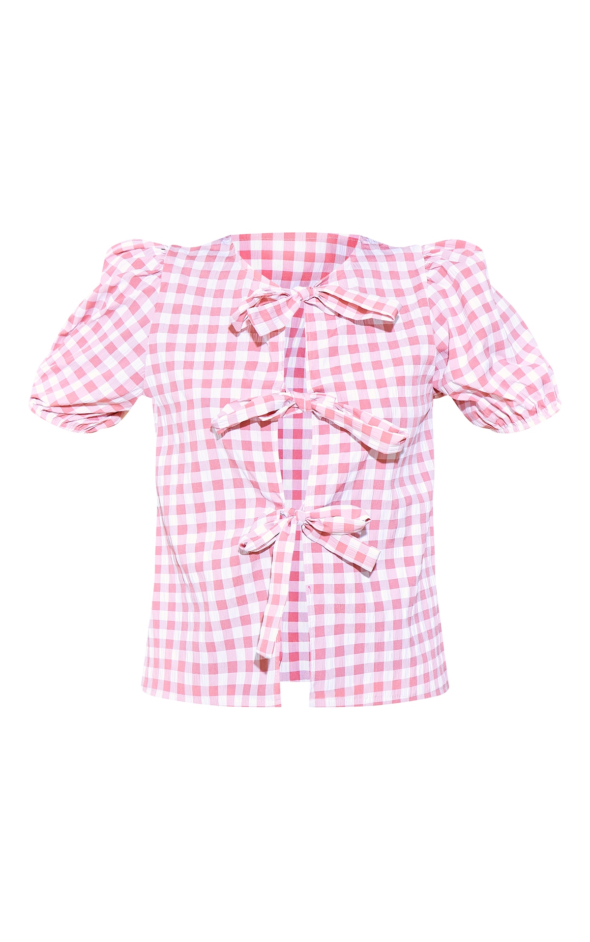 Pink Gingham Tie Front Puff Sleeve Blouse | Tops | PLT USA