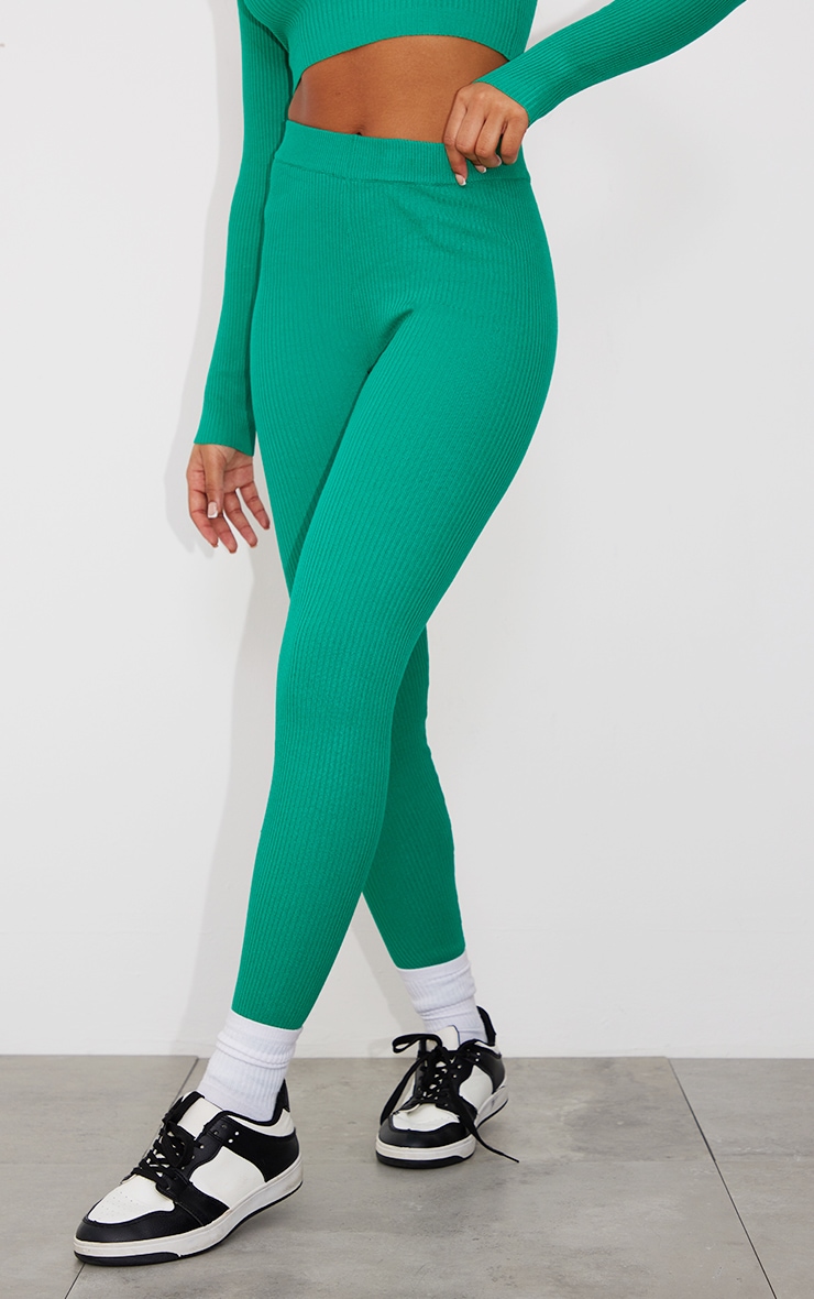 Bright Green Basic Rib Knit Leggings | PrettyLittleThing USA