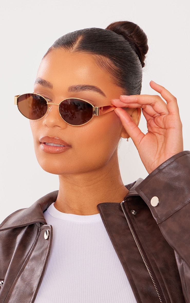 Gold Slim Rounded Sunglasses | Accessories | PrettyLittleThing