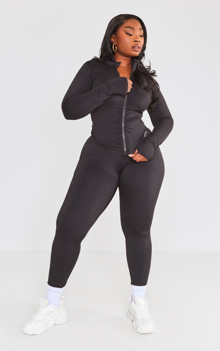 Plus Black Sculpt Ruched Front Zip Up Sport Jacket | Athleisure ...