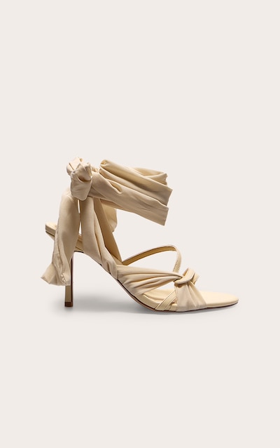 Lemon Satin Round Toe Ribbon High Heeled Sandals | Footwear | PLT