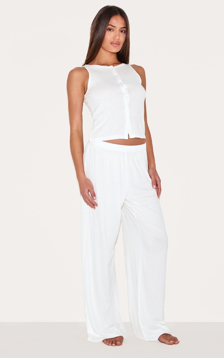 White Ribbed Button Vest Long Pj Set | Lingerie & Nightwear ...