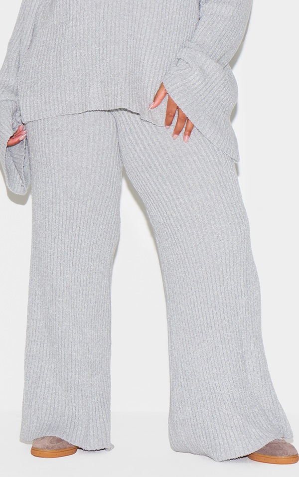 Plus Ash Grey Rib Boucle Knit Wide Leg Trouser | Plus Size ...