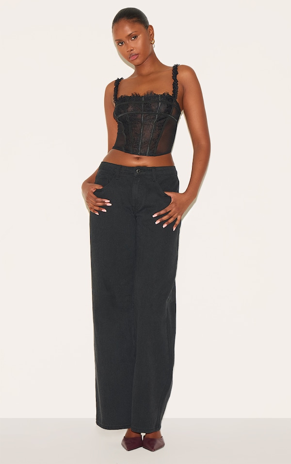 Black Mesh Lace Panel Curved Hem Corset | Tops | PrettyLittleThing USA