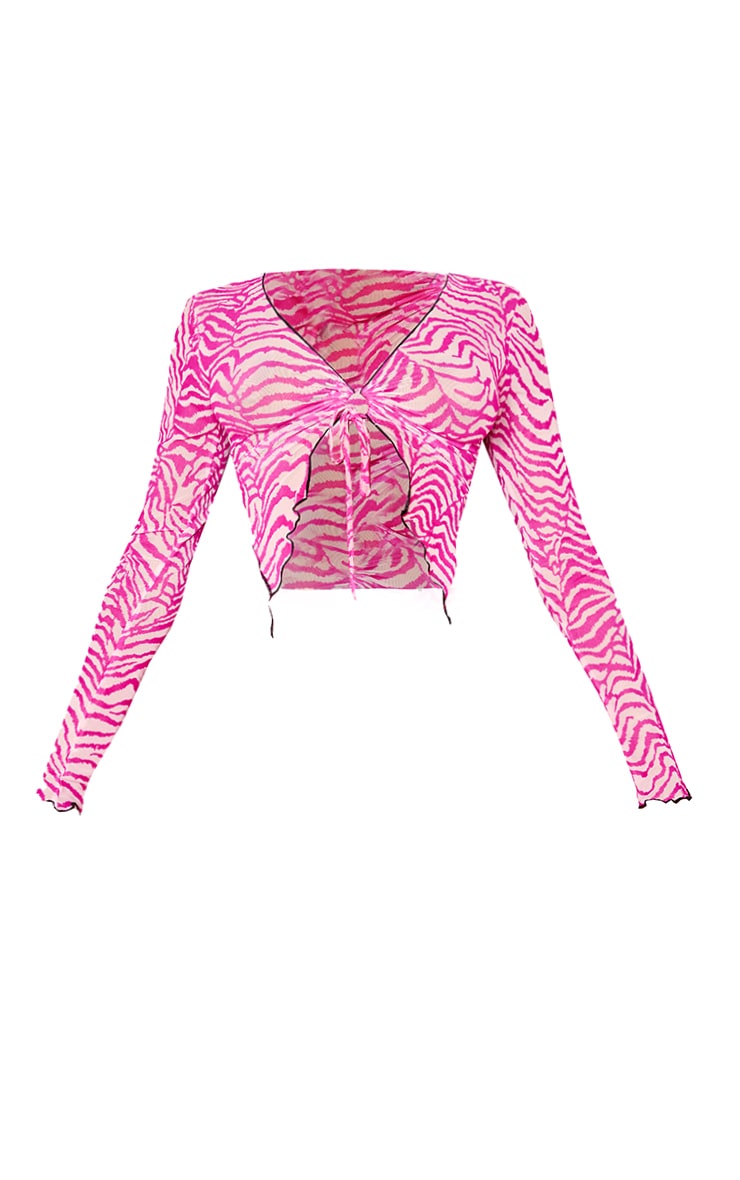 Pink Flock Mesh Print Lettuce Hem Shirt | PrettyLittleThing USA