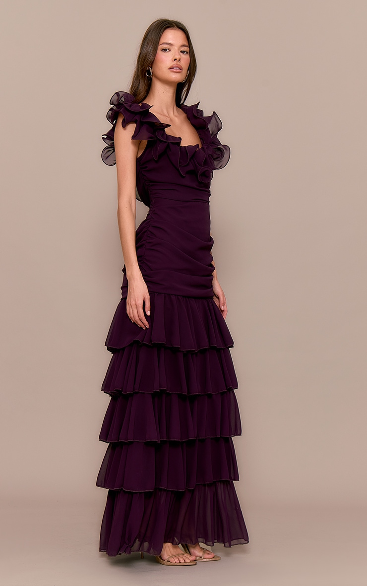 Wine Chiffon Ruched Ruffle Maxi Dress | Dresses | PLT