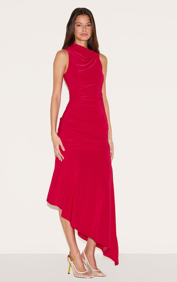 Red Double Layer Slinky Asymmetrical Midaxi Dress | Dresses | PLT