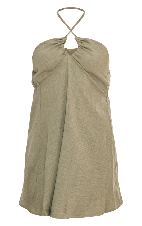 Khaki Halterneck Ruched Bust Linen Shift Dress | Dresses | PLT