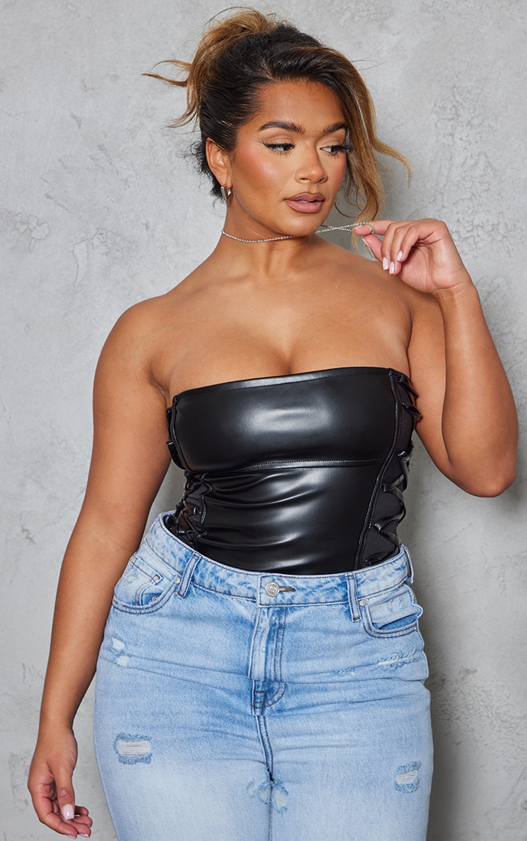 Shape Black Faux Leather Lace Up Side Top | Shape | PLT USA