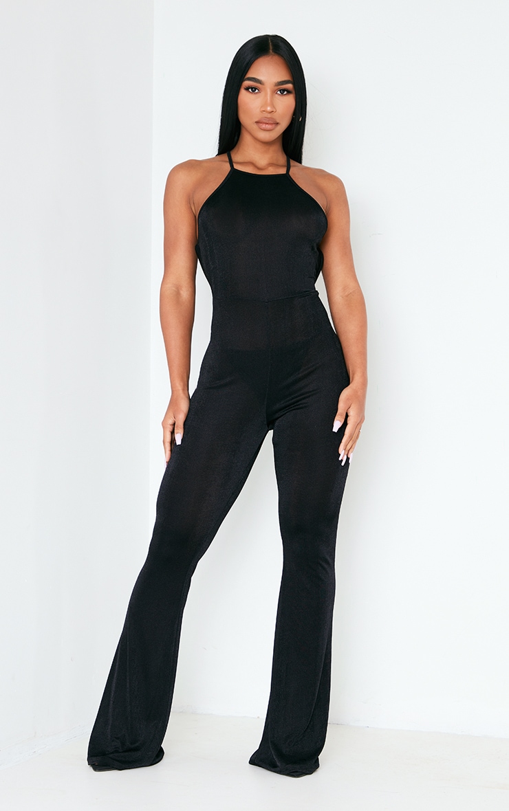 Black Acetate Cowl Back Cross Strap Jumpsuit | Dresses | PLT IRE