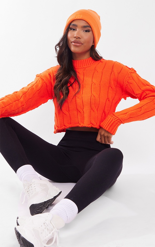 Bright Orange Crop Cable Exposed Seam Knit Jumper | Knitwear | PLT