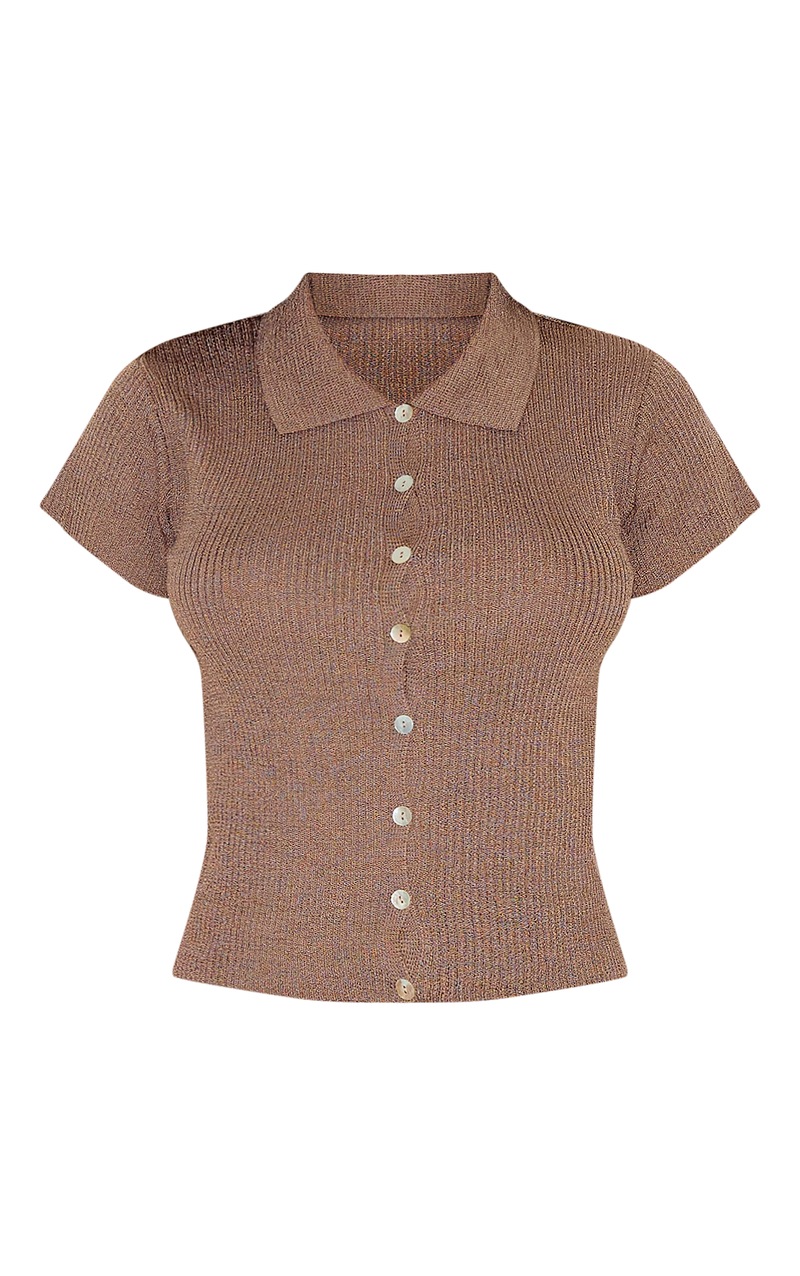 Deep Mocha Filagree Button Short Sleeve Top | Knitwear | PLT