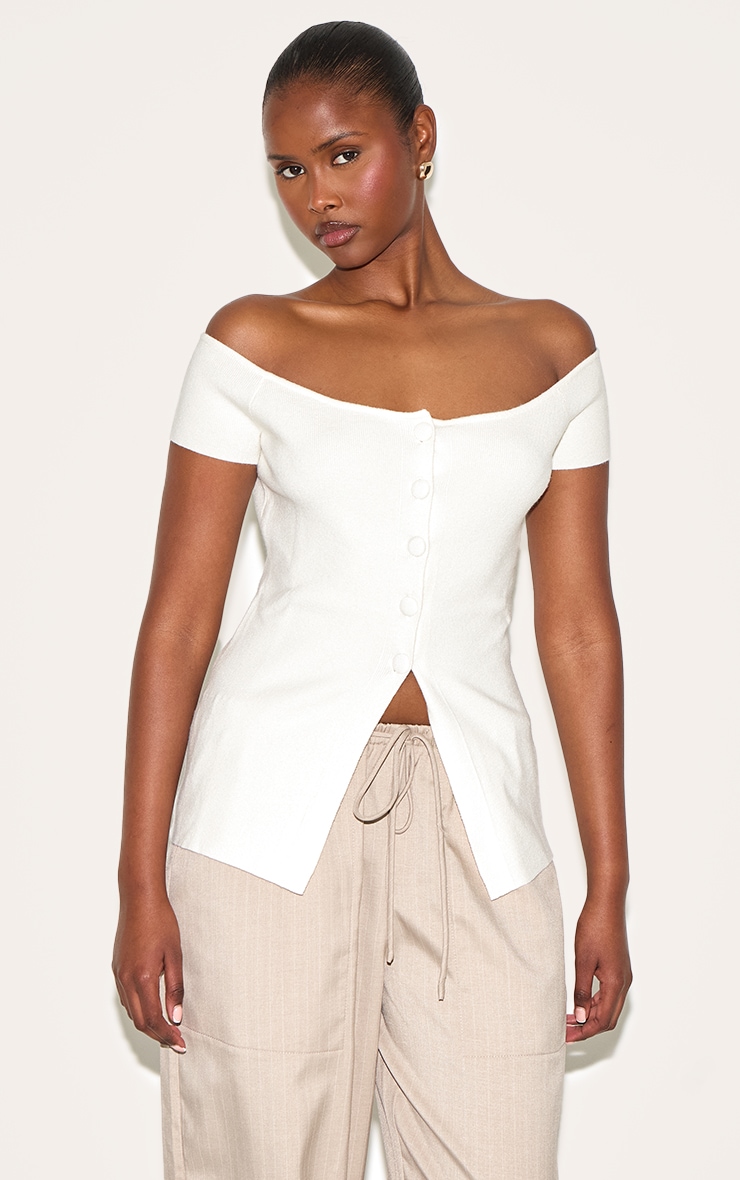Ecru Rib Knit Button Up Bardot Split Hem Top | Knitwear | PLT