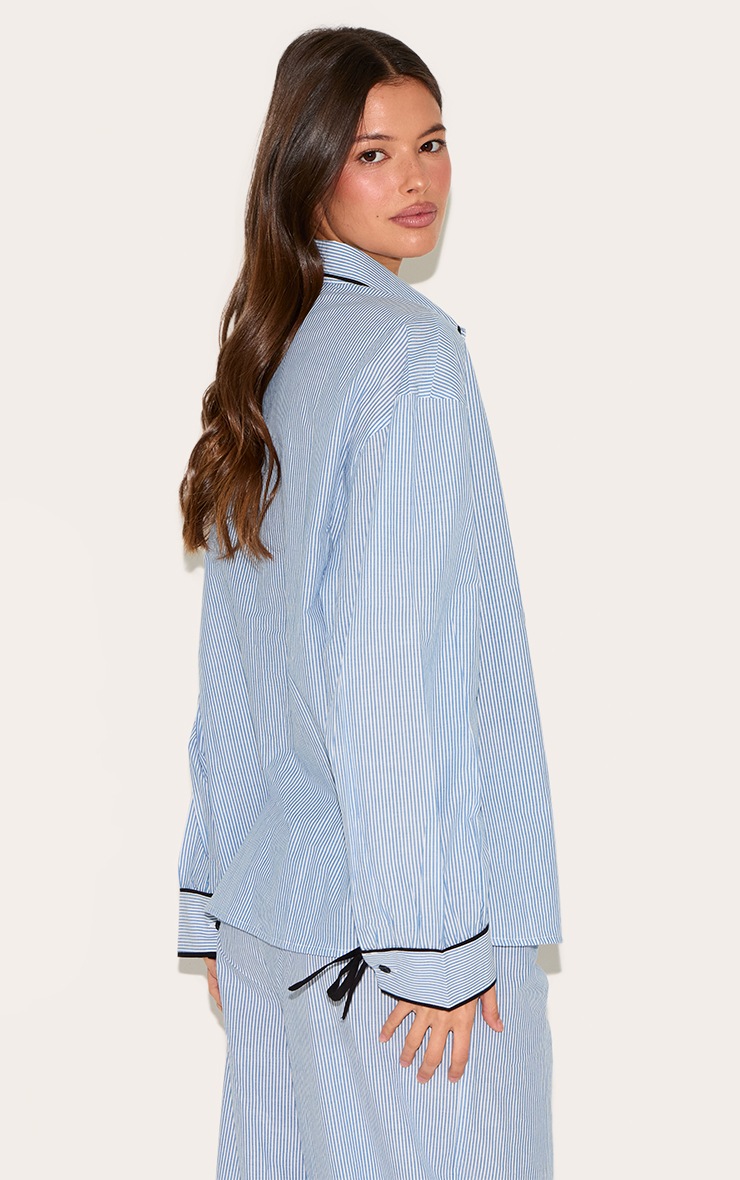 Blue Stripe Contrast Piping Tie Detail Long Pj Set | Lingerie ...