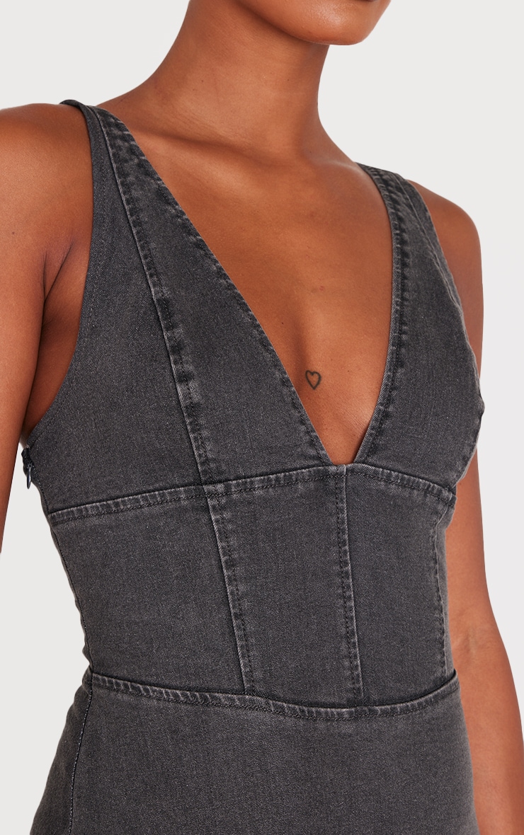 Washed Grey Plunge Corset Style Denim Mini Dress | Denim | PLT