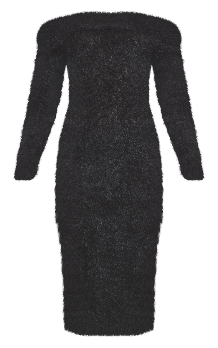 Robe mi-longue en maille duveteuse noire à col bardot ...