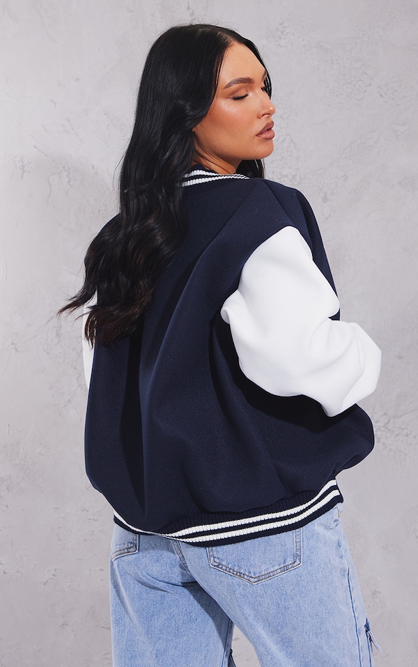 Navy Wool Look Oversized Bomber Jacket | PrettyLittleThing CA