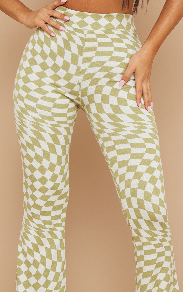 Petite Sage Green Jacquard Checkerboard Flares | PrettyLittleThing