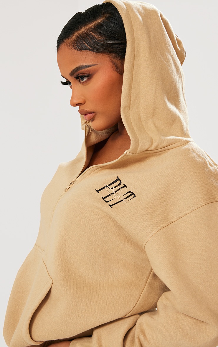 PLT Shape Oatmeal Embroidered Zip Through Hoodie | Shape | PrettyLittleThing USA