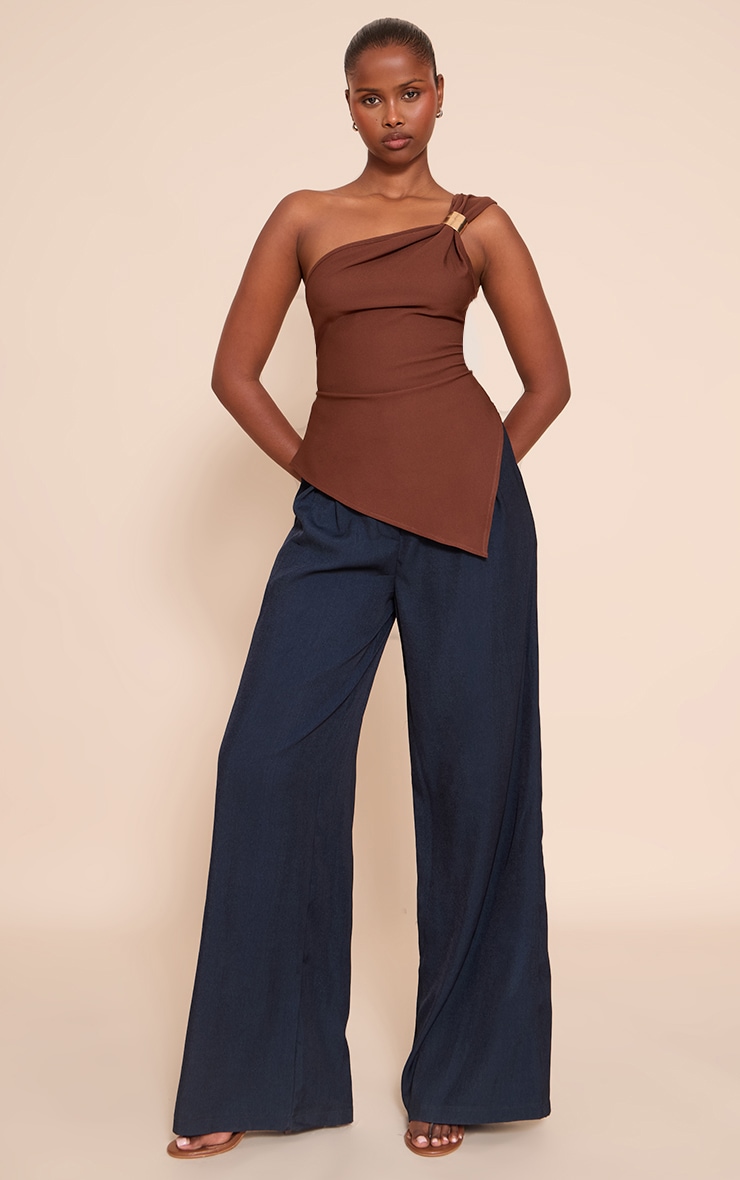 Dark Chocolate Asymmetric One Shoulder Trim Long Top | Tops | PLT
