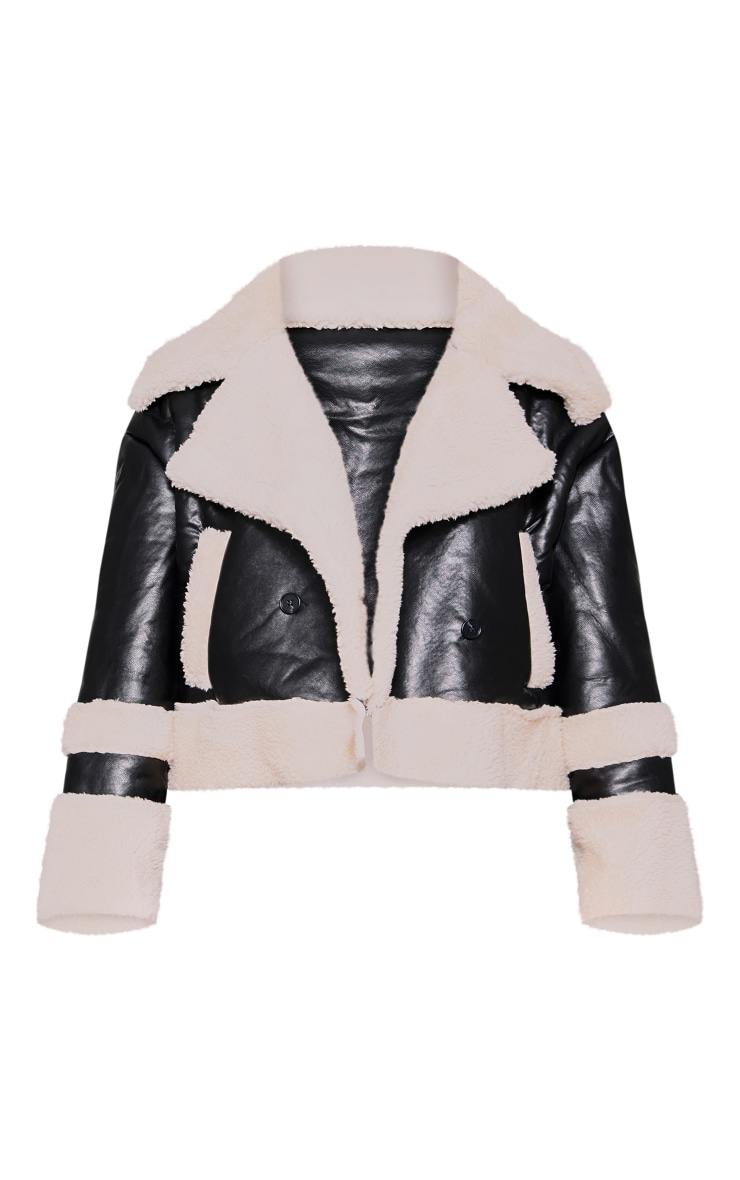 Plus Black Faux Leather Faux Fur Trim Coat | Plus Size | PLT