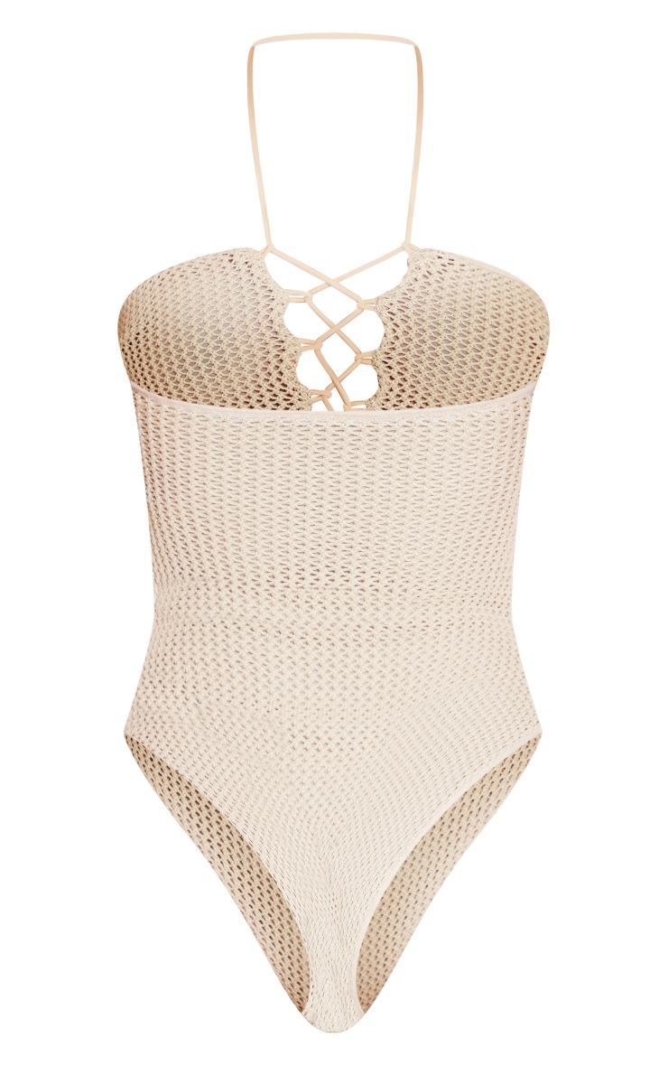 Cream Crochet Lace Up Detail Swimsuit | Swimwear | PLT
