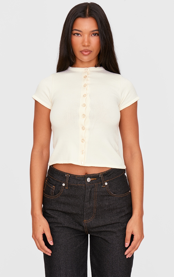 Cream Soft Knit Button Up Basic Top | Knitwear | PLT