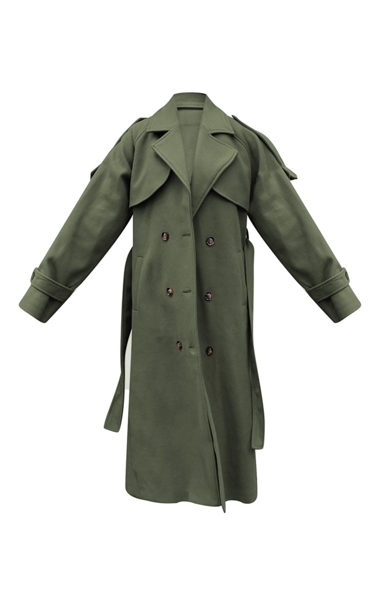 Khaki Oversized Double Breasted Military Trim Coat | PrettyLittleThing USA