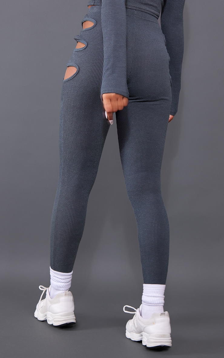 Charcoal Crinkle Rib Cut Out Side Leggings | PrettyLittleThing CA