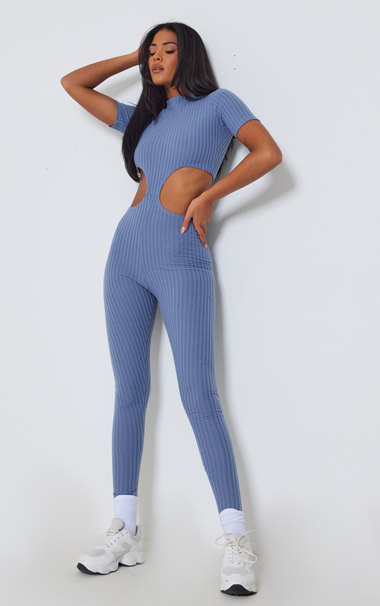 Tall Steel Blue Brushed Rib Cut Out Jumpsuit | PrettyLittleThing USA