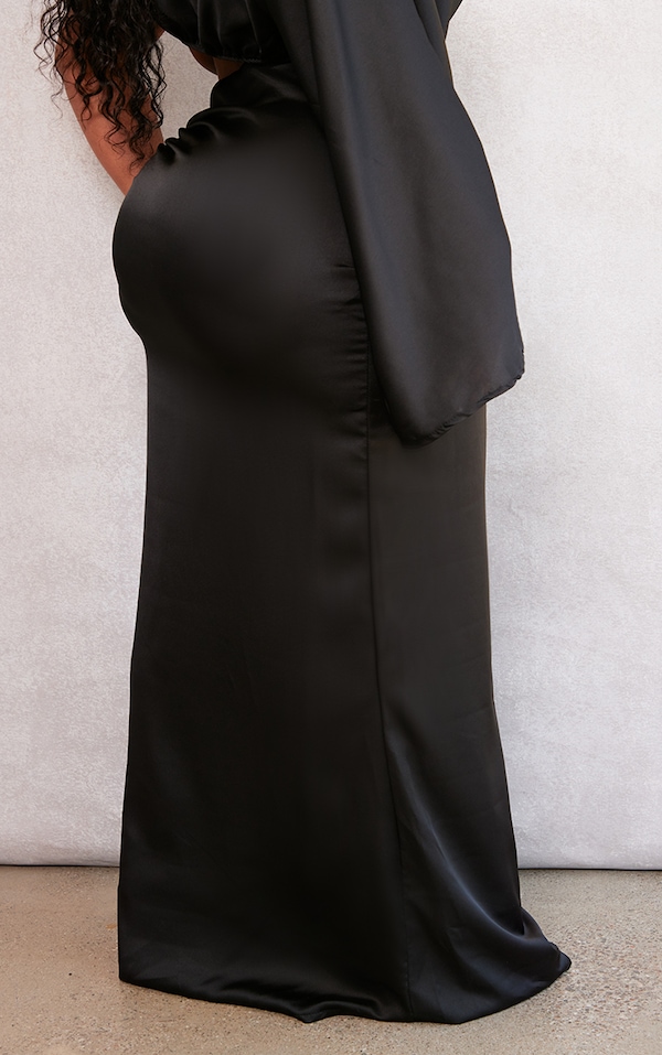 Plus Black Ruched Side Satin Midaxi Skirt | Plus Size | PLT USA