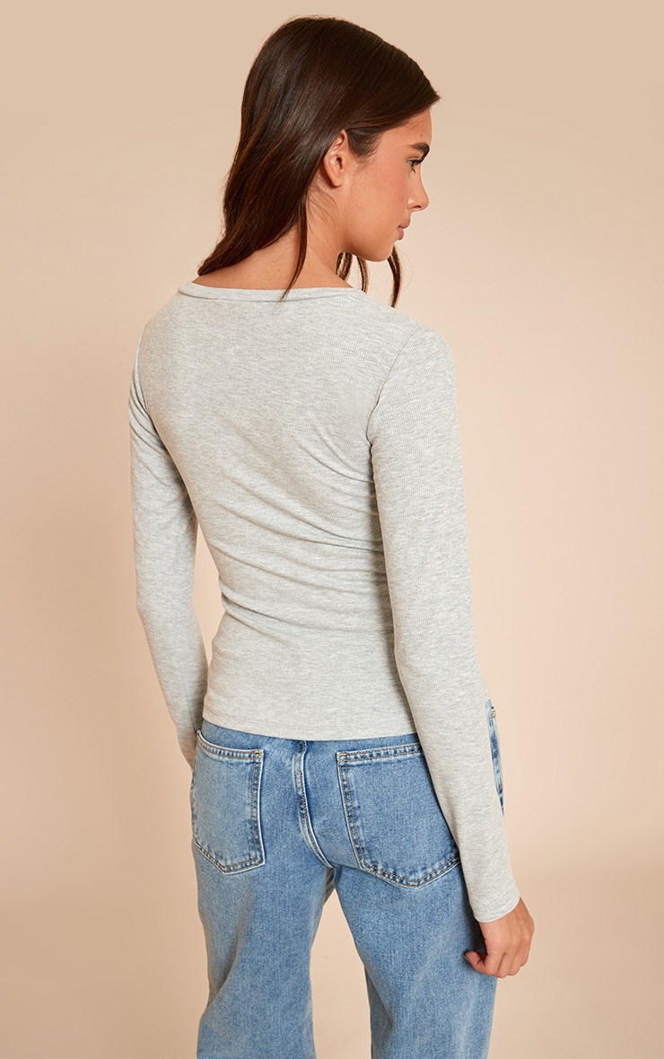 Grey Marl Rib Button Up Fitted Long Sleeve Top | Tops | PLT