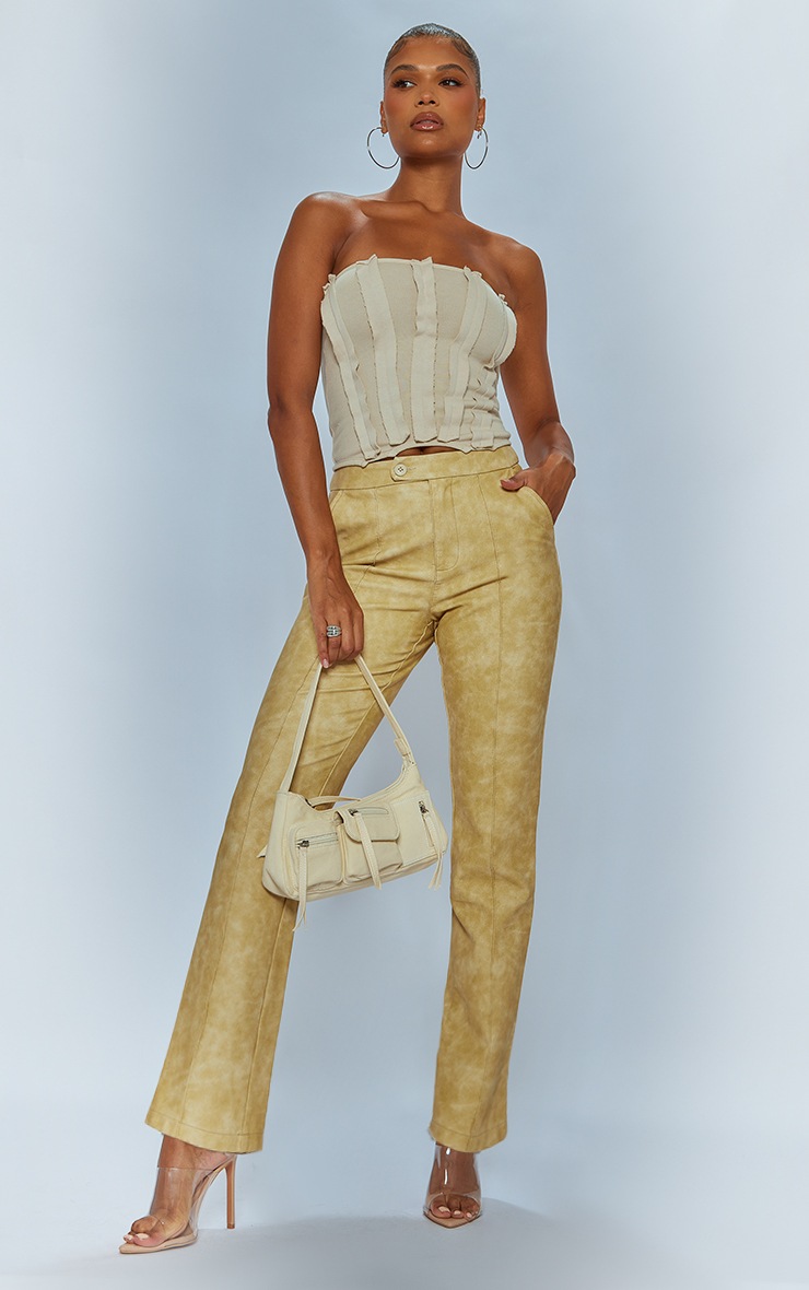 Mustard Washed PU Pintuck Straight Leg Trousers | Bottoms ...
