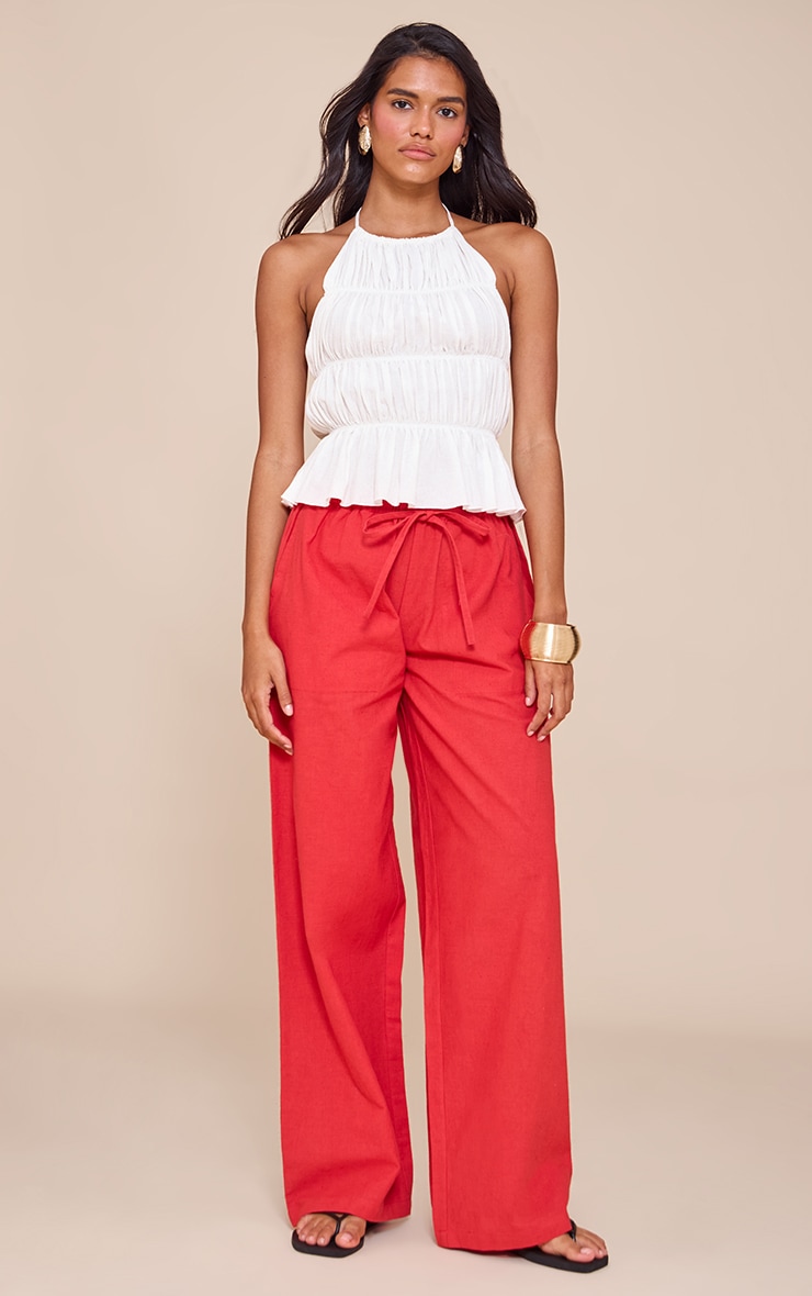 Tomato Red Linen Drawstring Waist Pants | Bottoms | PrettyLittleThing USA