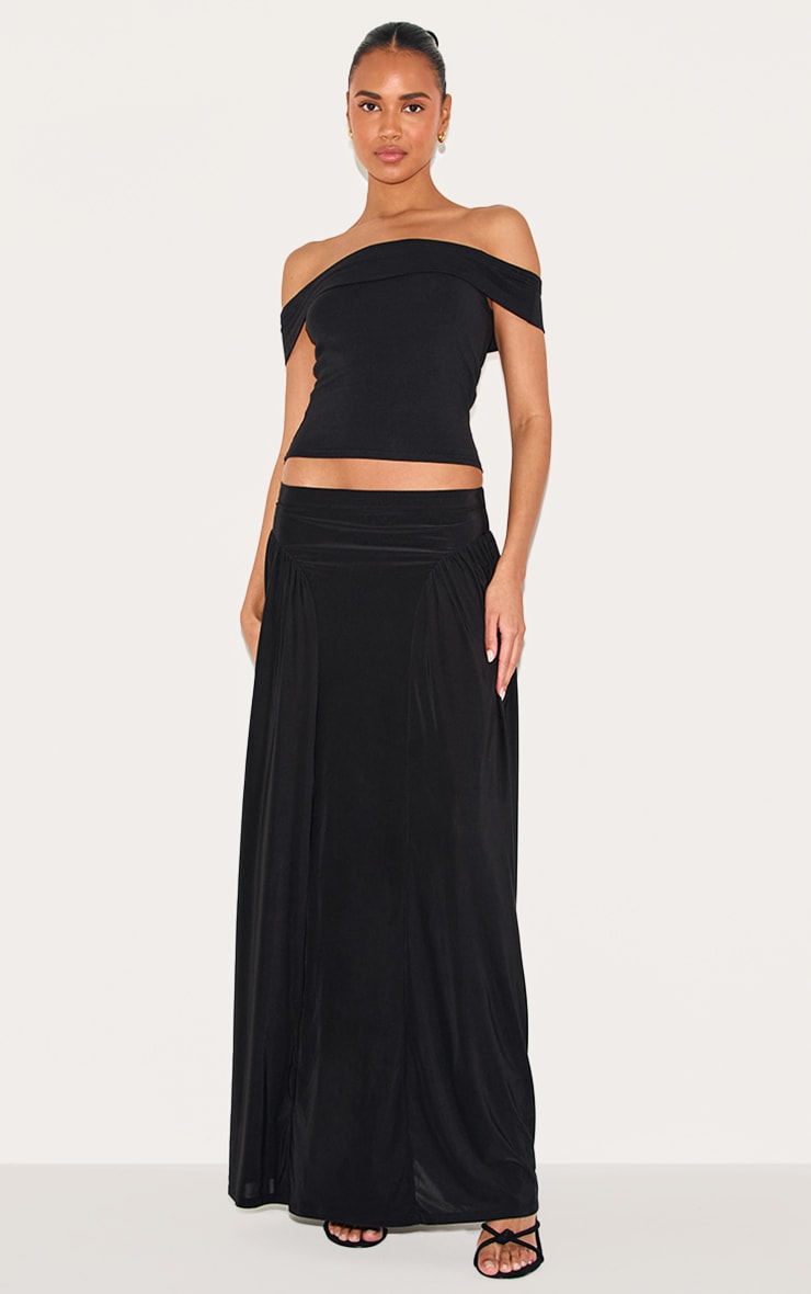 Black Slinky Drop Waist Ruched Panel Maxi Skirt | Bottoms | PLT USA