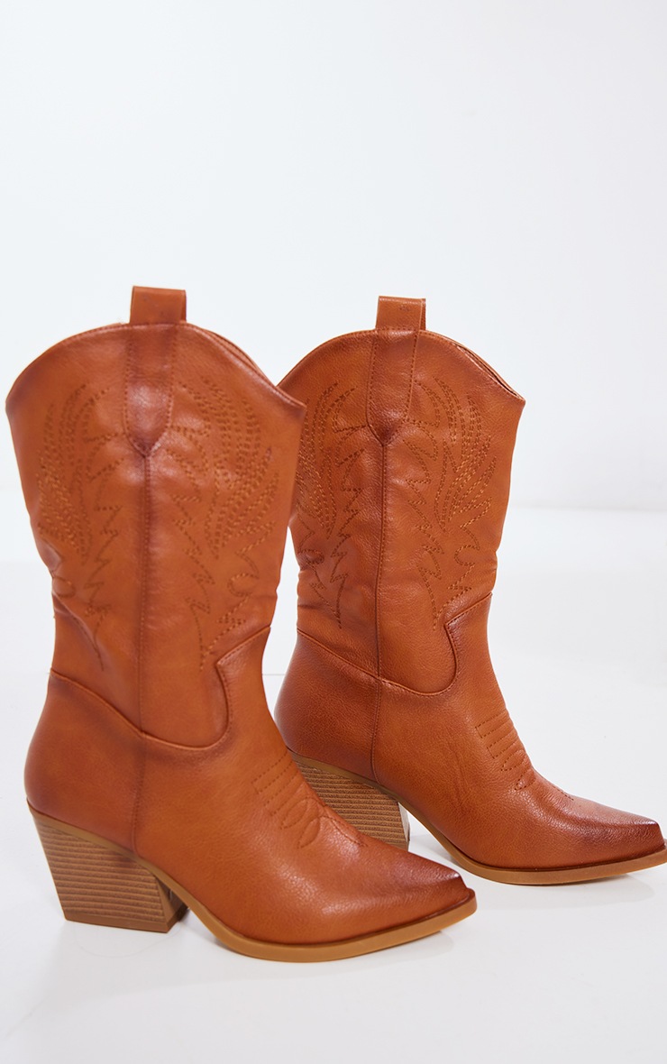 Camel PU Point Toe Stitch Heeled Western Boots | Footwear | PLT