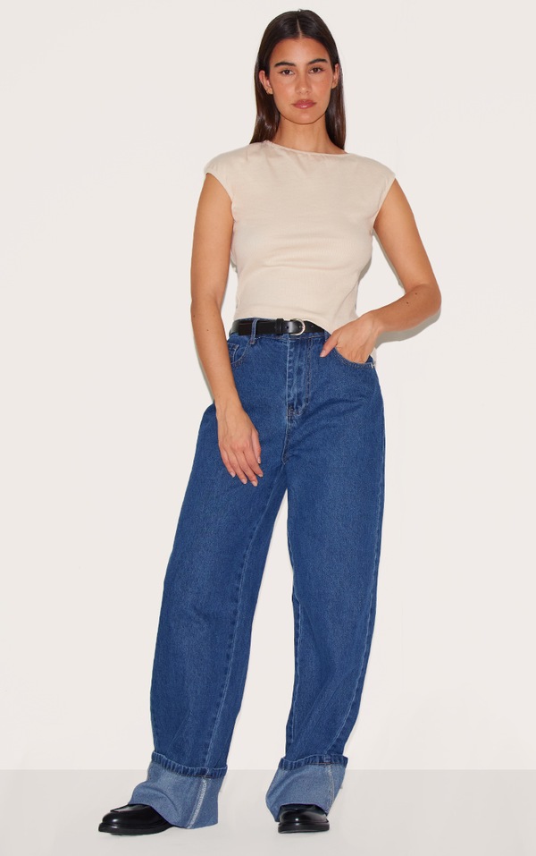 Cream Ribbed Knitted Asymmetric Long Top | Tops | PrettyLittleThing USA