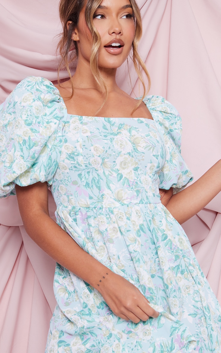 Green Floral Puff Sleeve Shift Dress | PrettyLittleThing AUS