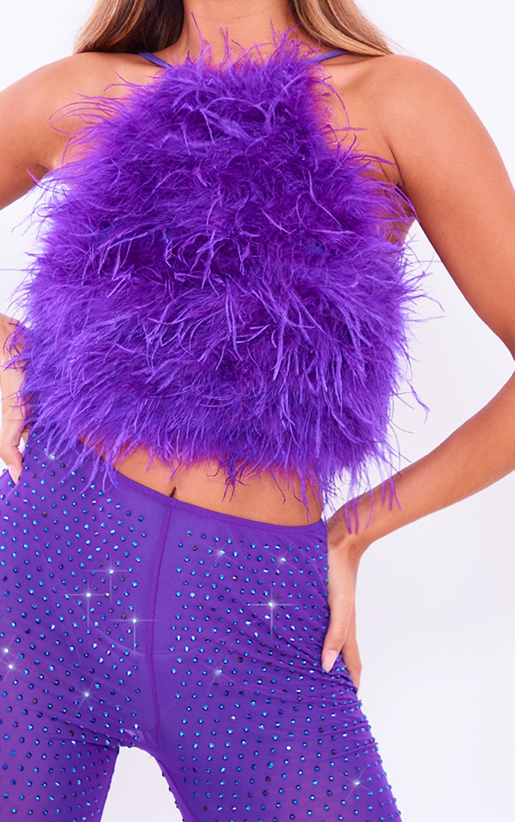 Premium Purple Feather Strappy Cross Back Crop Top | PrettyLittleThing AUS